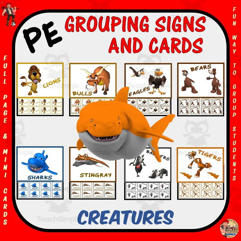 PE Grouping Signs + Cards: Creatures Theme by Teach Simple