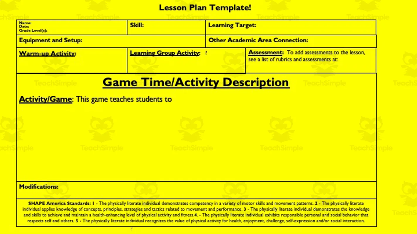 PE Lesson Plan Template by Teach Simple
