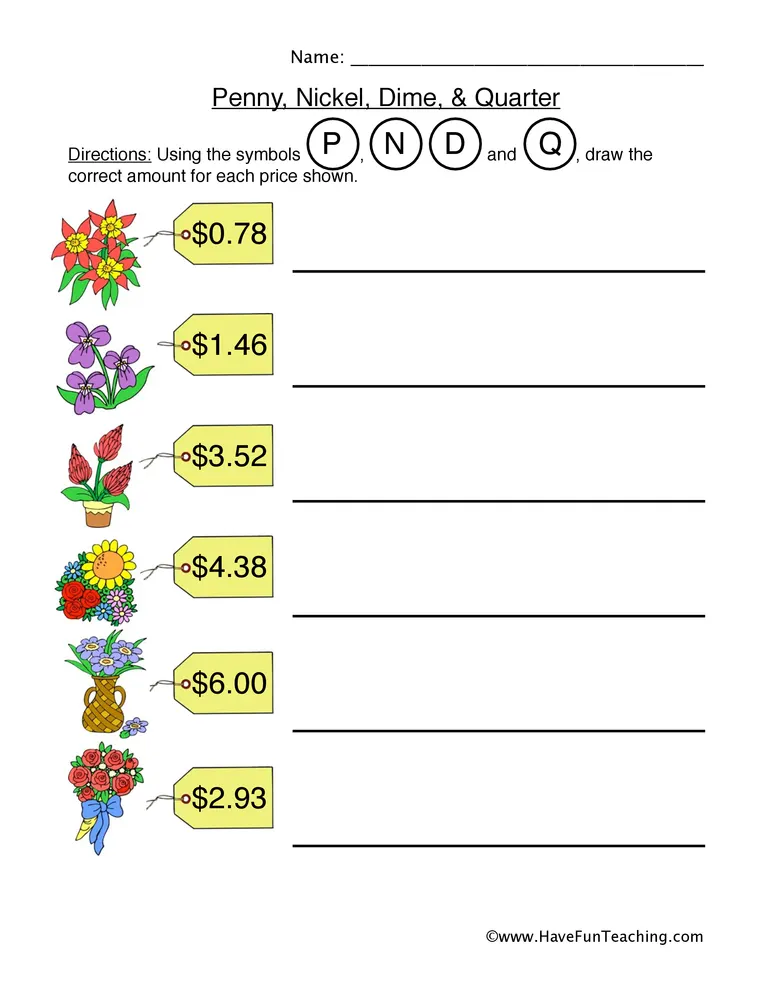 Penny Nickel Dime Quarter Worksheet by Teach Simple