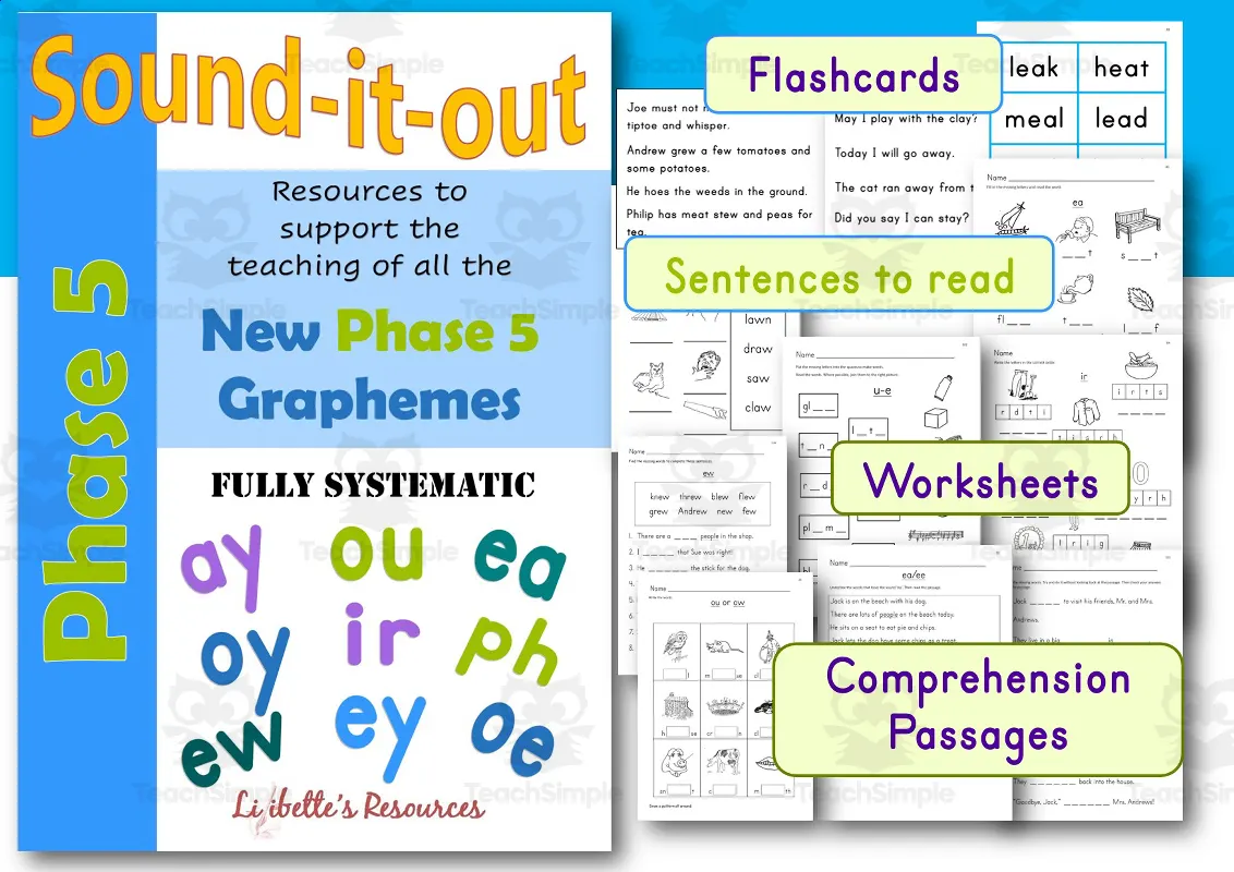 Phase 5 New graphemes Phonic Worlsheets and Flashcards by Teach Simple