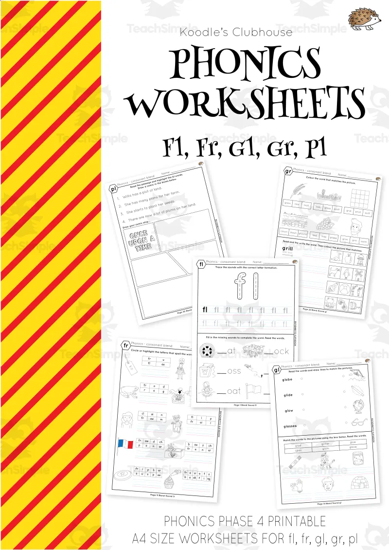 Phonics FL, FR, GL, GR, PL Worksheets by Teach Simple