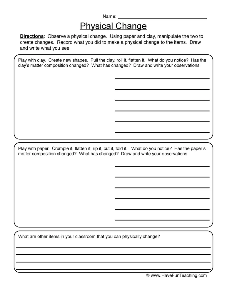 Physical Changes Observation Worksheet by Teach Simple