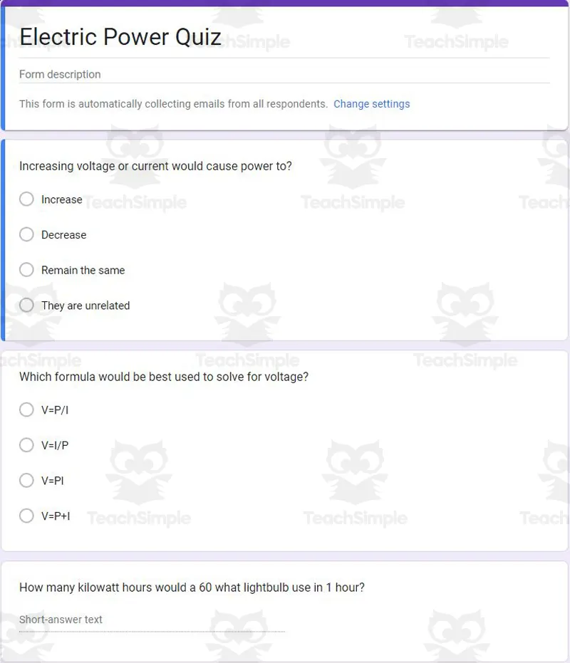 Physics Google Form Test: Electric Power by Teach Simple