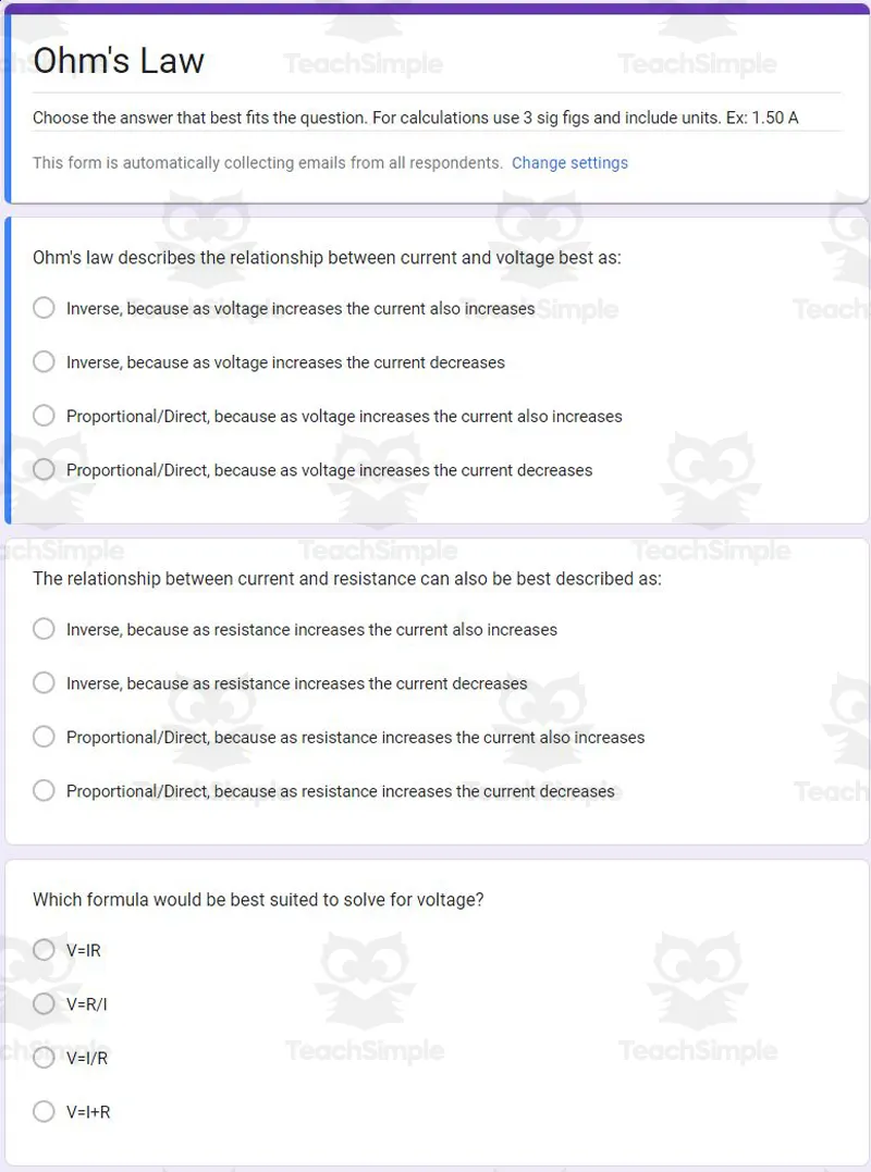 Physics Google Form Test: Ohm's Law by Teach Simple