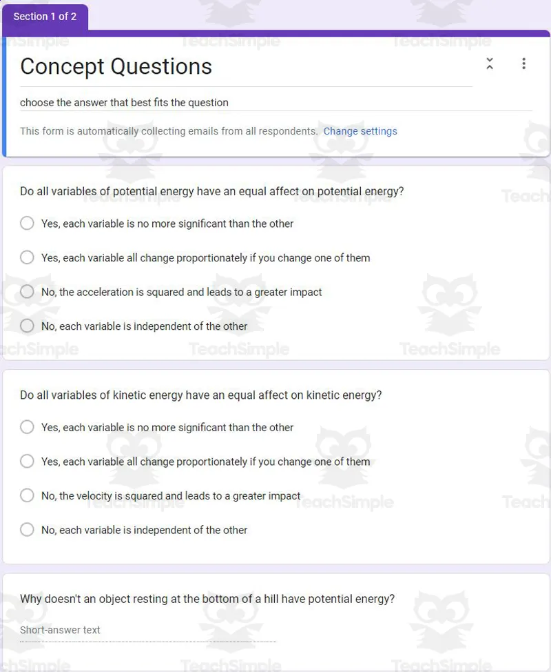 Physics Google Form Test: Potential and Kinetic Energy by Teach Simple