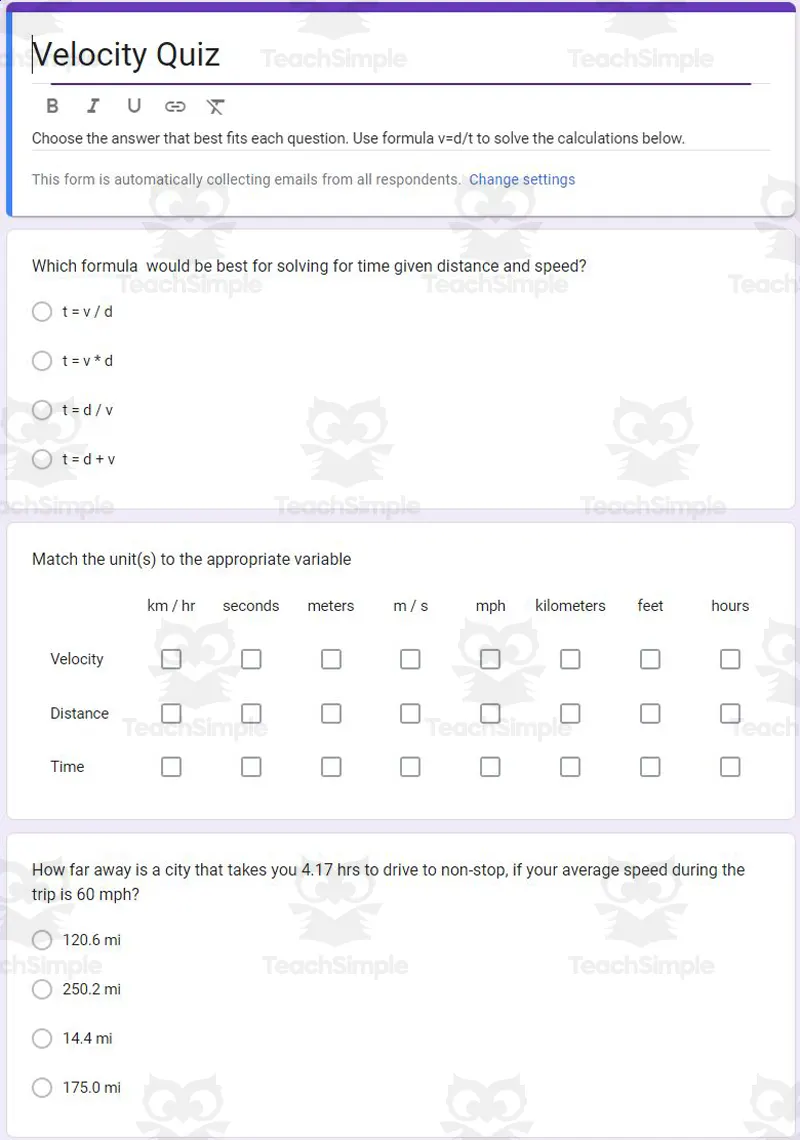 Physics Google Form Test: Velocity by Teach Simple