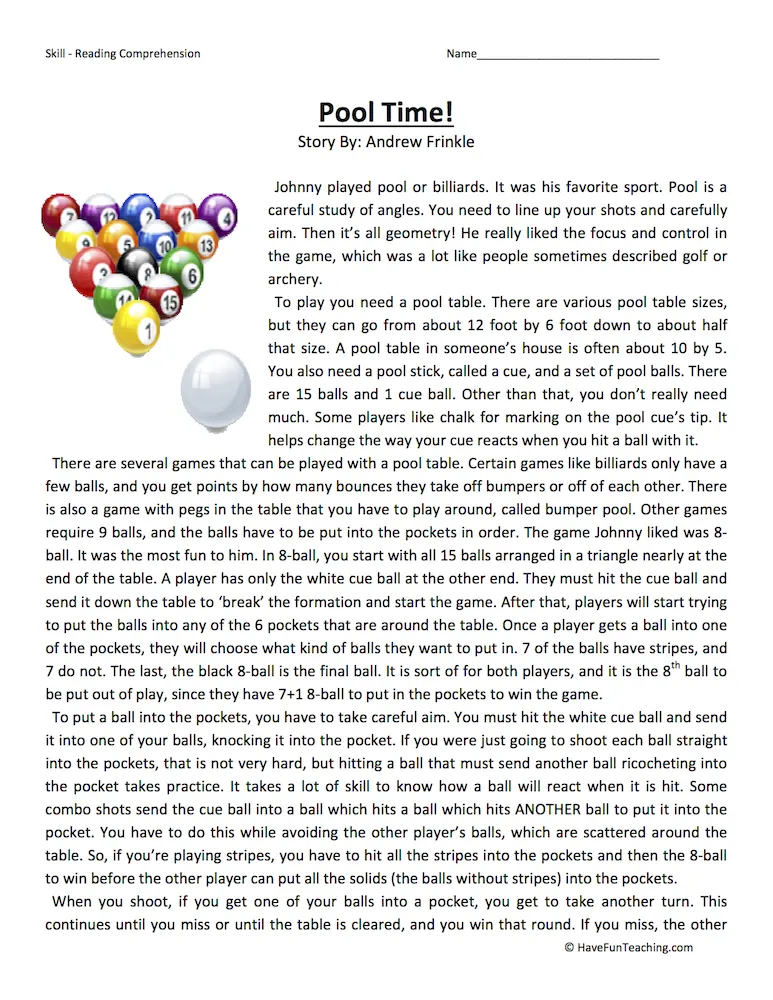 Pool Time Reading Comprehension Worksheet by Teach Simple