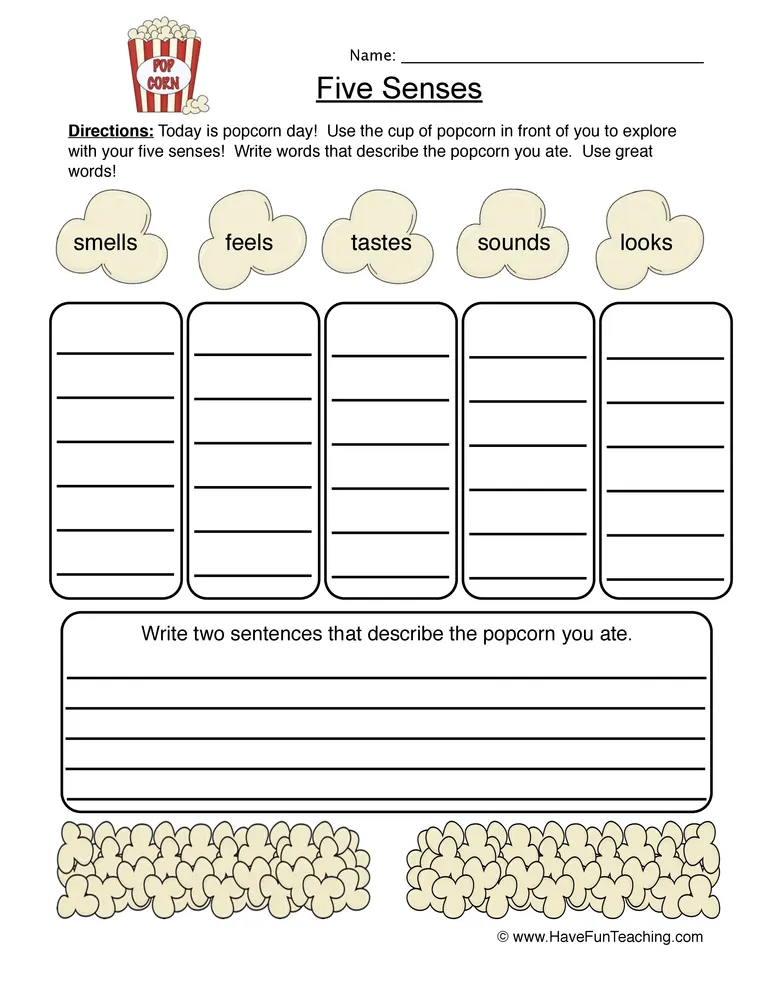 Popcorn Five Senses Worksheet by Teach Simple