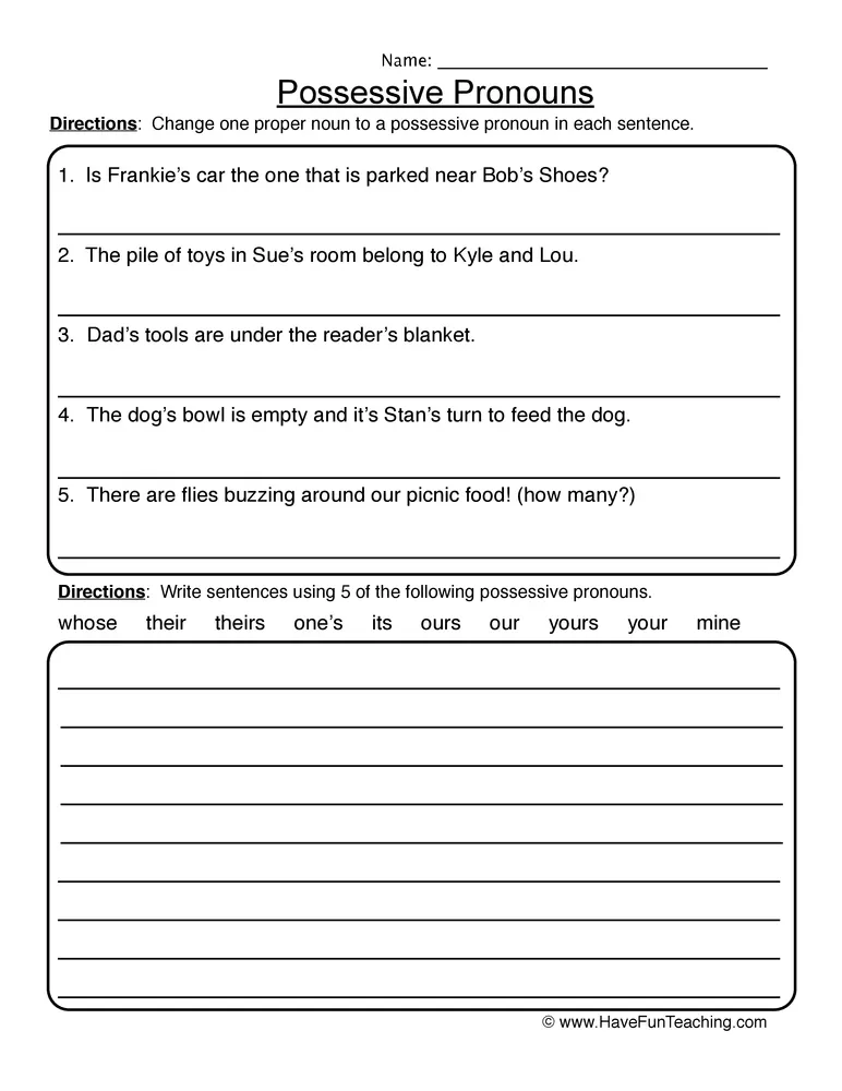 Possessive Pronouns Worksheet by Teach Simple