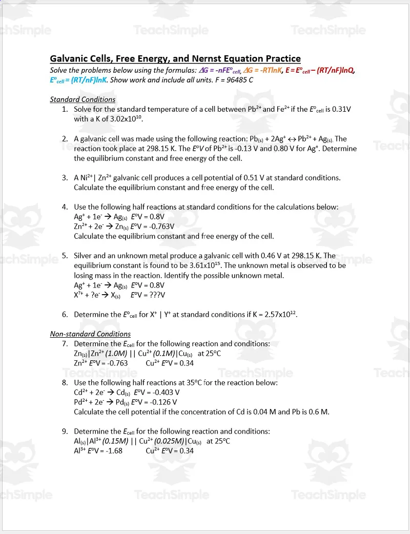 Practice: Galvanic Cells, Free Energy, and Nernst Equation by Teach Simple