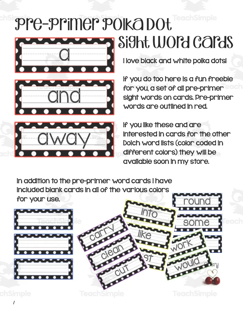 Pre-Primer Polka Dot Sight Word Cards by Teach Simple