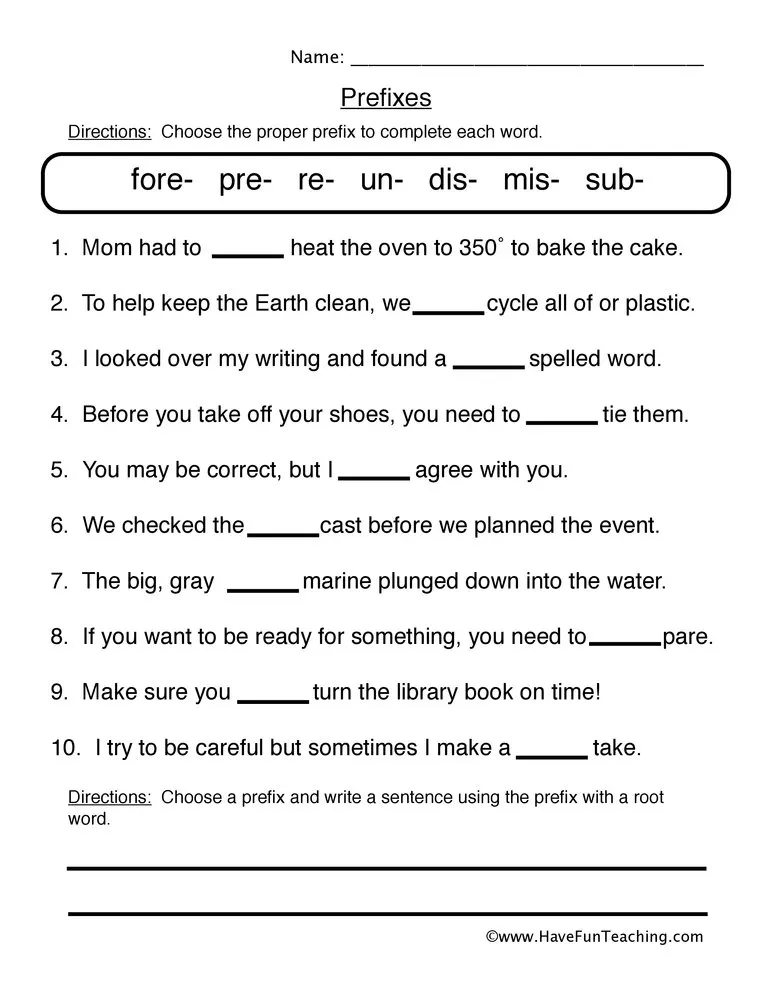 Prefix Fill in the Blank Worksheet by Teach Simple