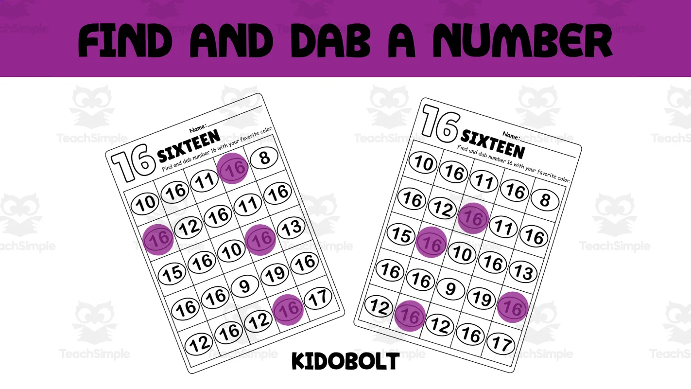 PreK Dab a Dot Number Activity - Number 16 by Teach Simple