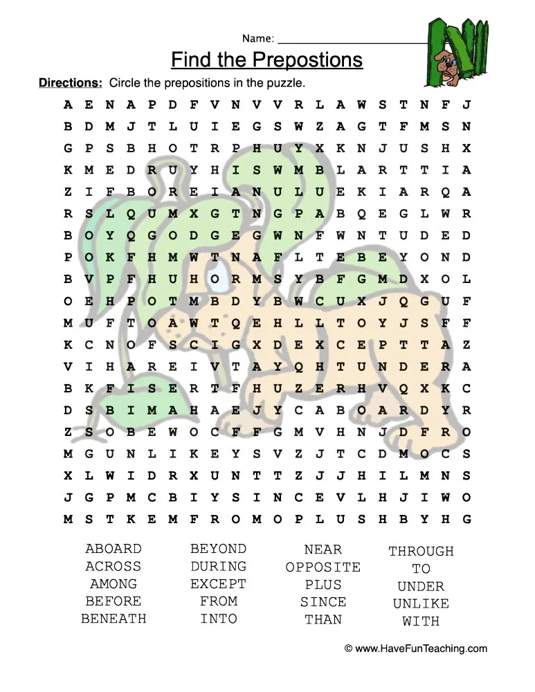 Prepositions Word Search Worksheet by Teach Simple