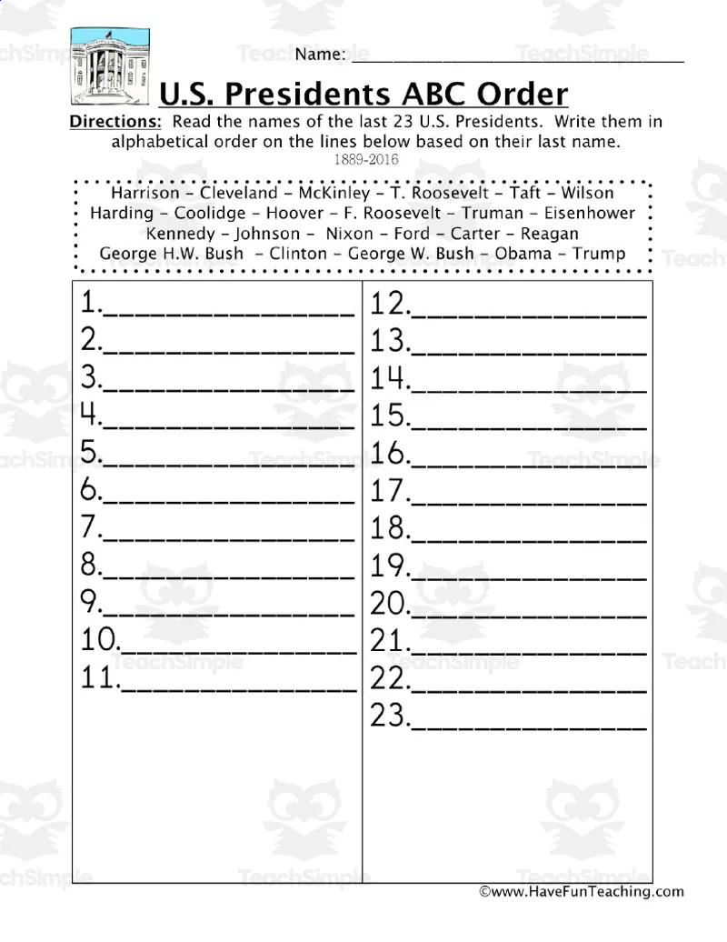 President's ABC Order Worksheet #2 by Teach Simple
