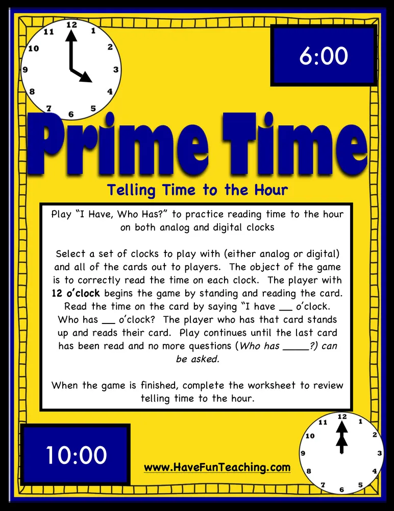 Prime Time Telling Time Activity by Teach Simple