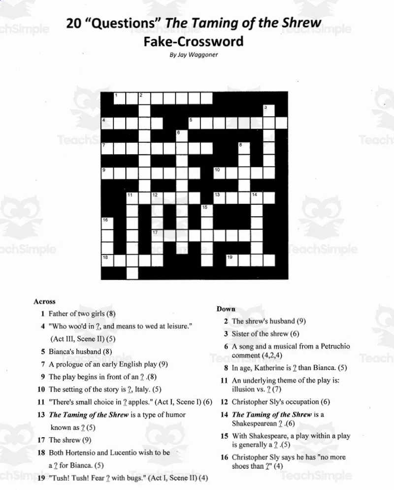 Pseudo Crossword: 20 Questions Taming of the Shrew by Teach Simple Pseudo Crossword: 20 Questions Taming of the Shrew by Teach Simple