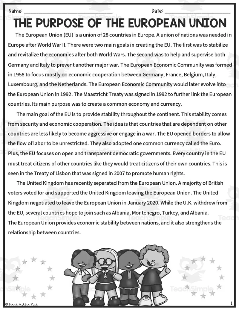 Purpose of the European Union Reading Packet by Teach Simple
