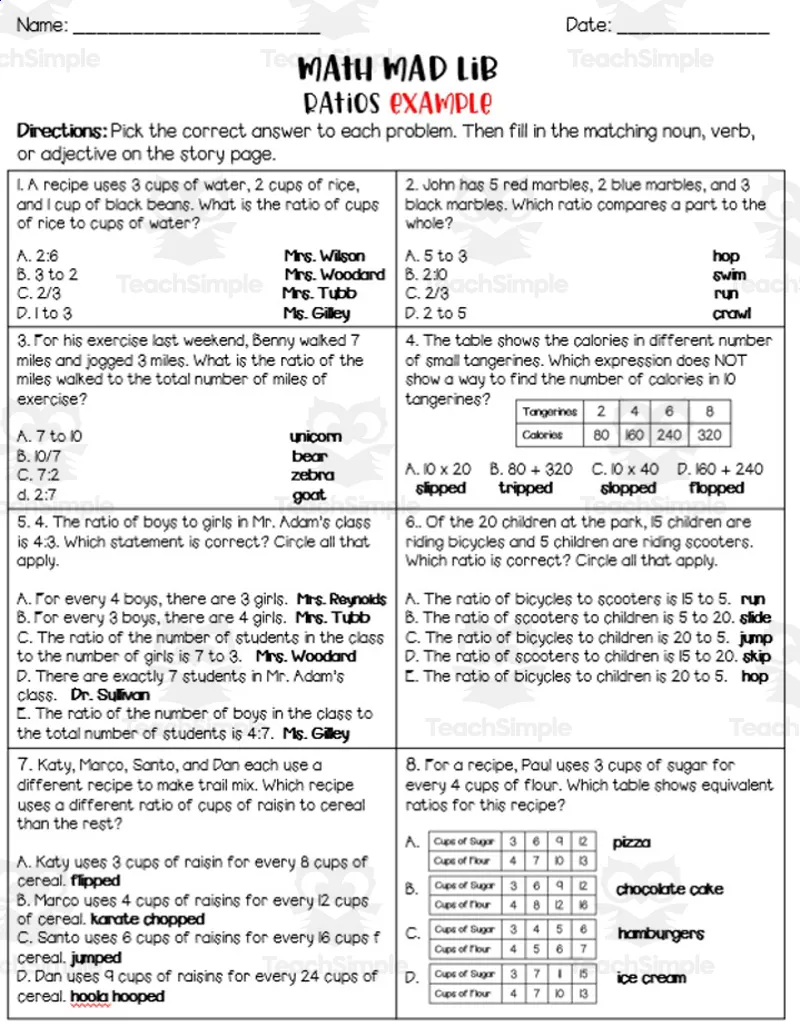 Ratios Math Mad Lib Activity by Teach Simple