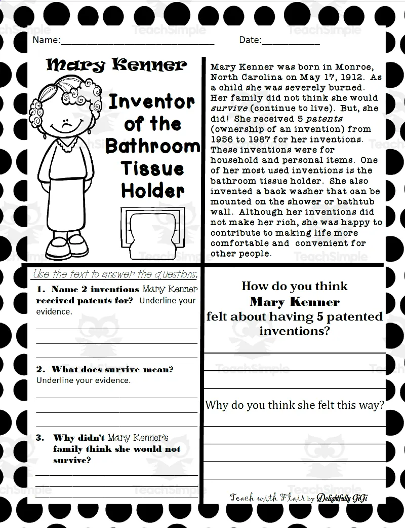 Reading Comprehension for Black History Month: Mary Kenner by Teach Simple