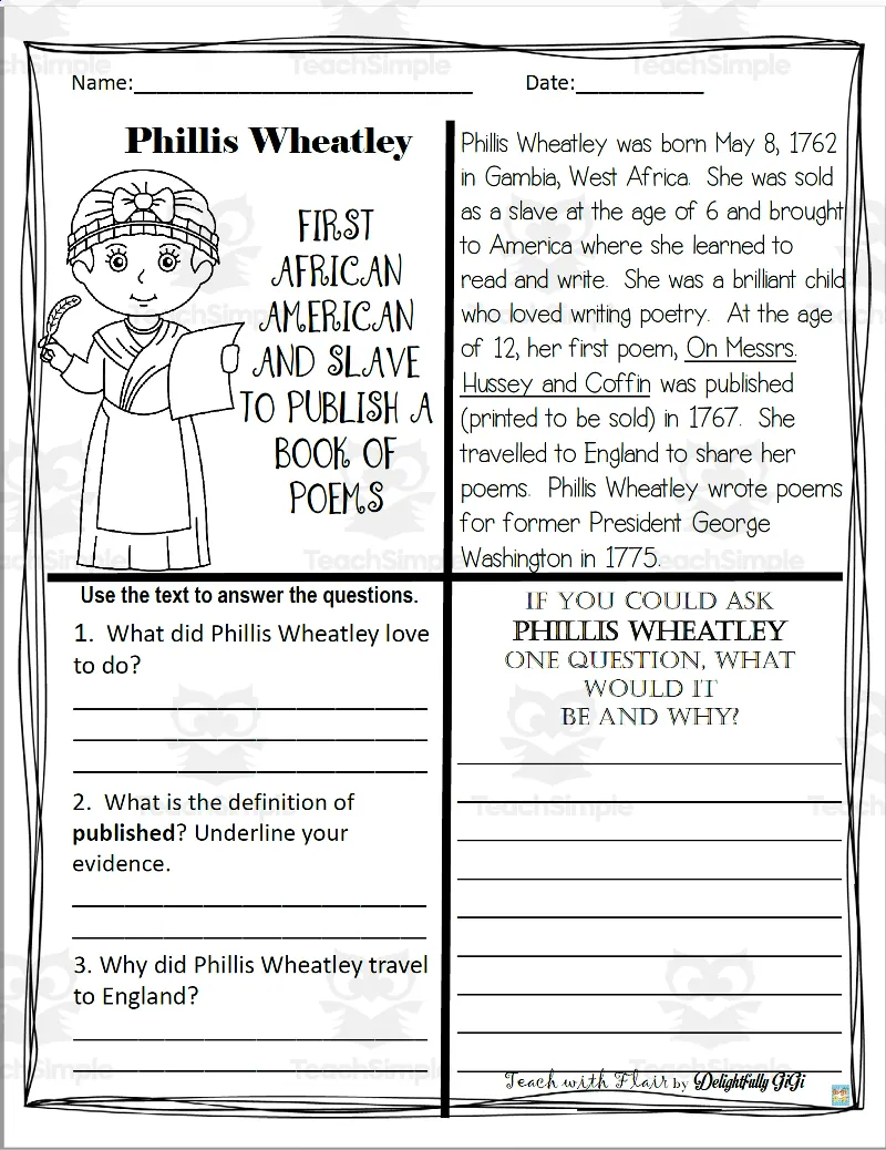 Reading Comprehension for Black History Month: Phillis Wheatley by ...