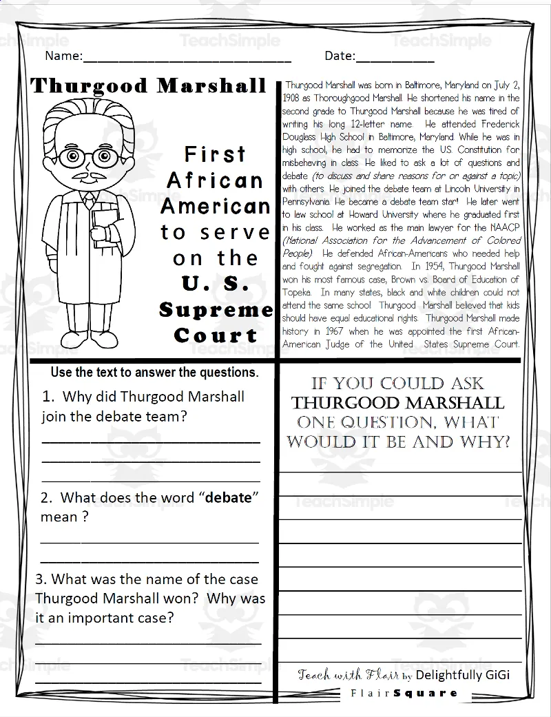 Reading Comprehension for Black History Month: Thurgood Marshall by ...