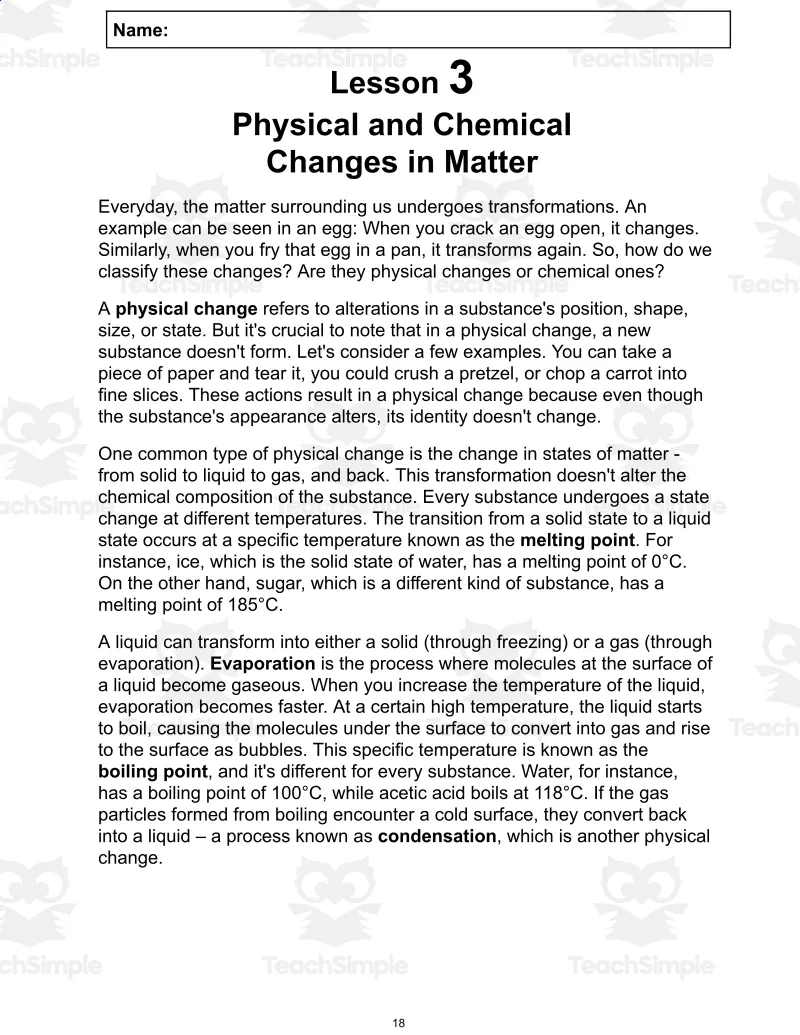 Reading Passage 3: Physical and Chemical Changes in Matter PDF by Teach ...