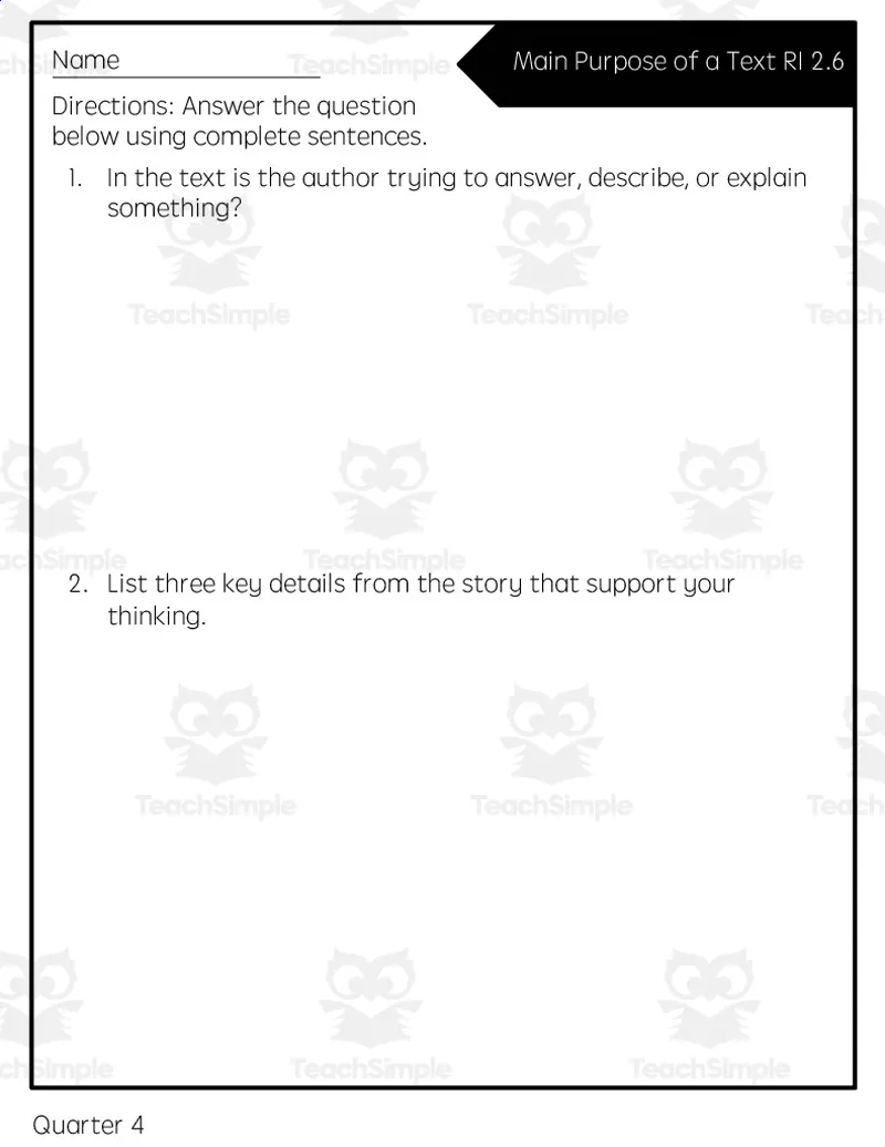 Reading Quick Check: RI 2.6 Main Purpose of a Text - 4th Quarter by ...