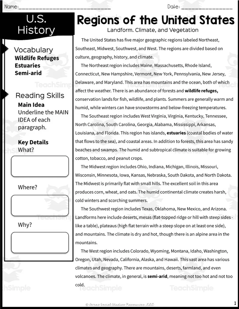 Regions of the United States Reading Packet by Teach Simple
