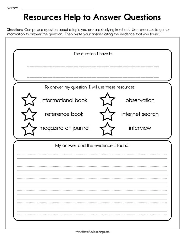 Resources Help to Answer Questions Worksheet by Teach Simple