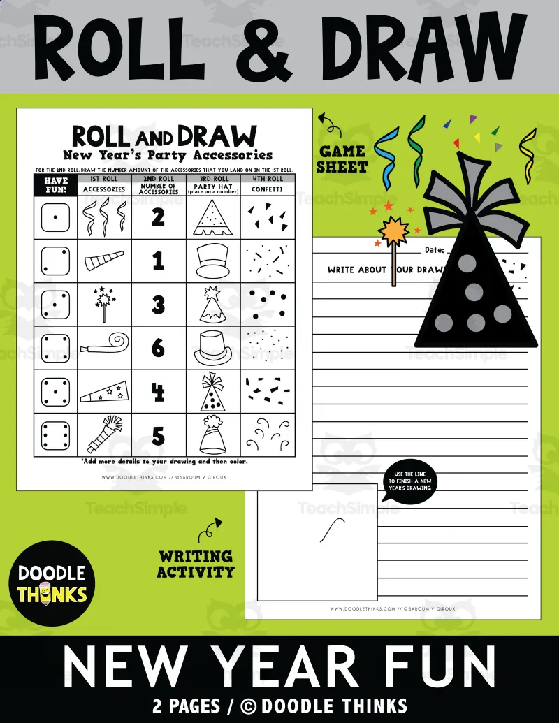 Roll and Draw New Year's Party Accessories Art Game Sheet by Teach Simple