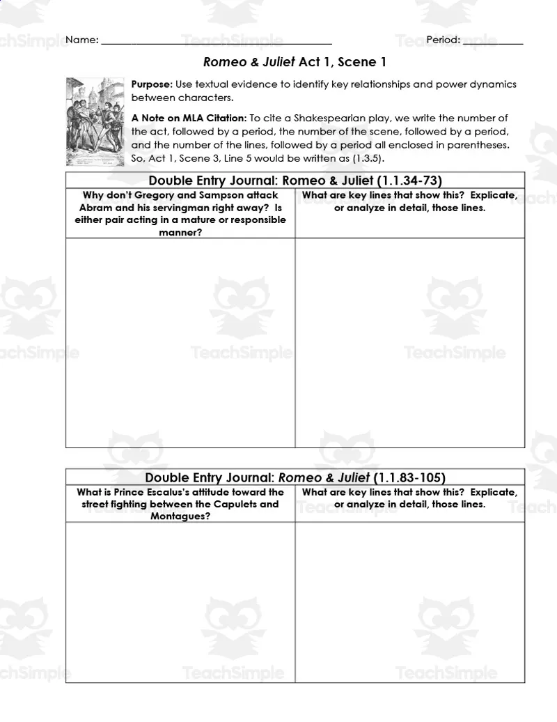 Romeo And Juliet Act 1 Scene 1 Double Entry Journals By Teach Simple