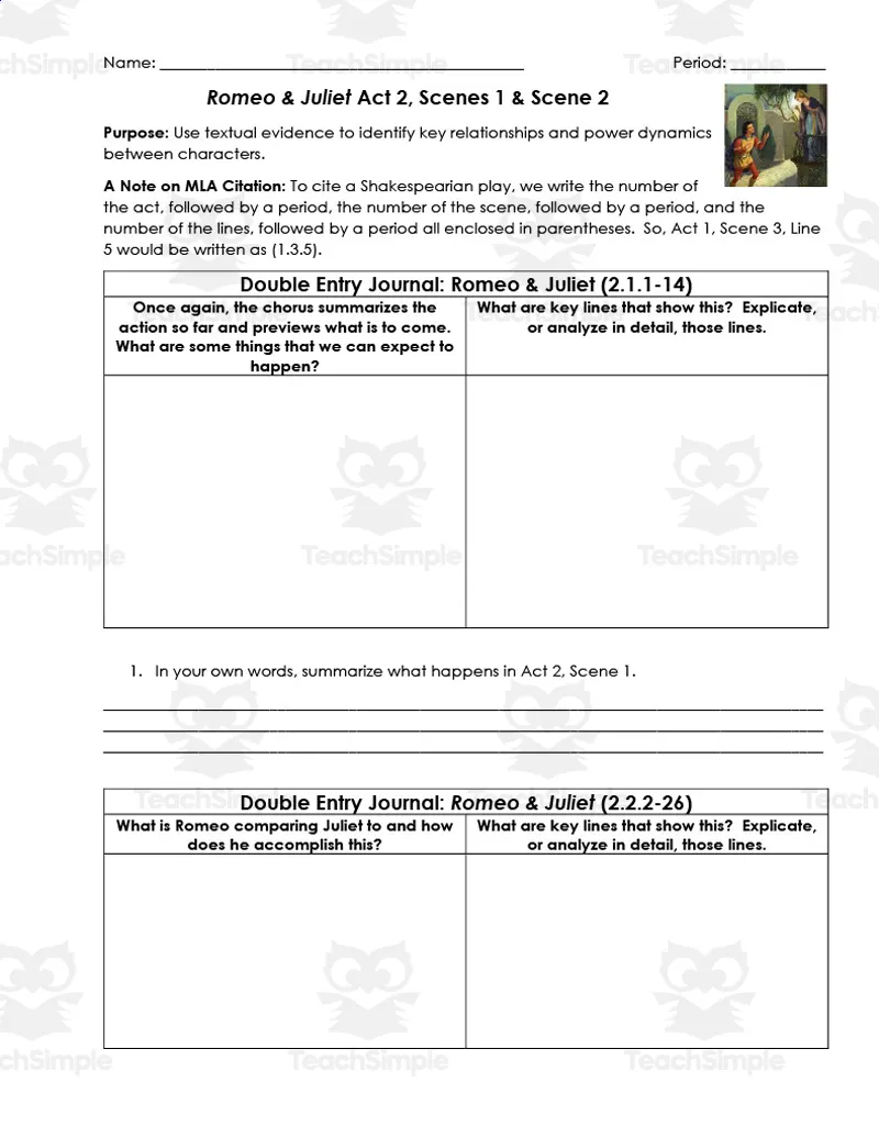 Romeo And Juliet Act 2 Scenes 1 2 Double Entry Journals By Teach Simple