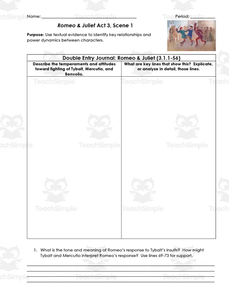 Romeo and Juliet Act 3, Scene 1 | Double Entry Journals by Teach Simple