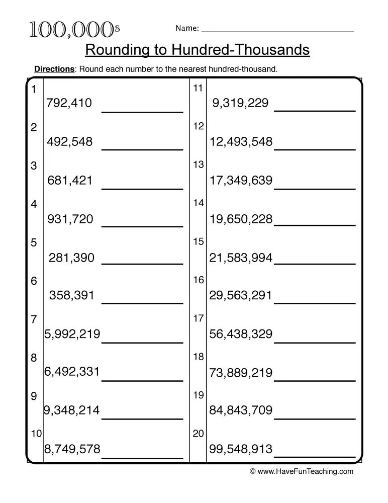 Rounding to Hundred Thousands Worksheet by Teach Simple