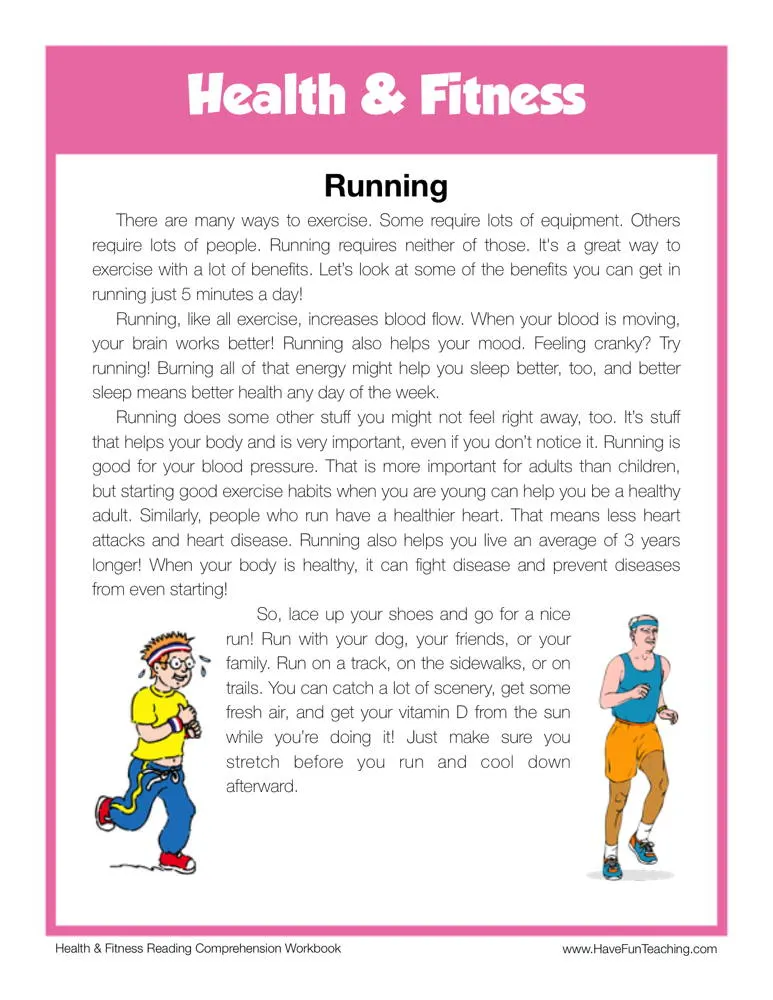 Running Health and Fitness Reading Comprehension Worksheet by Teach Simple