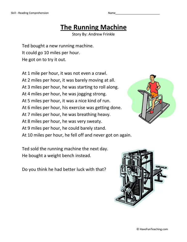 Running Machine Reading Comprehension Worksheet by Teach Simple
