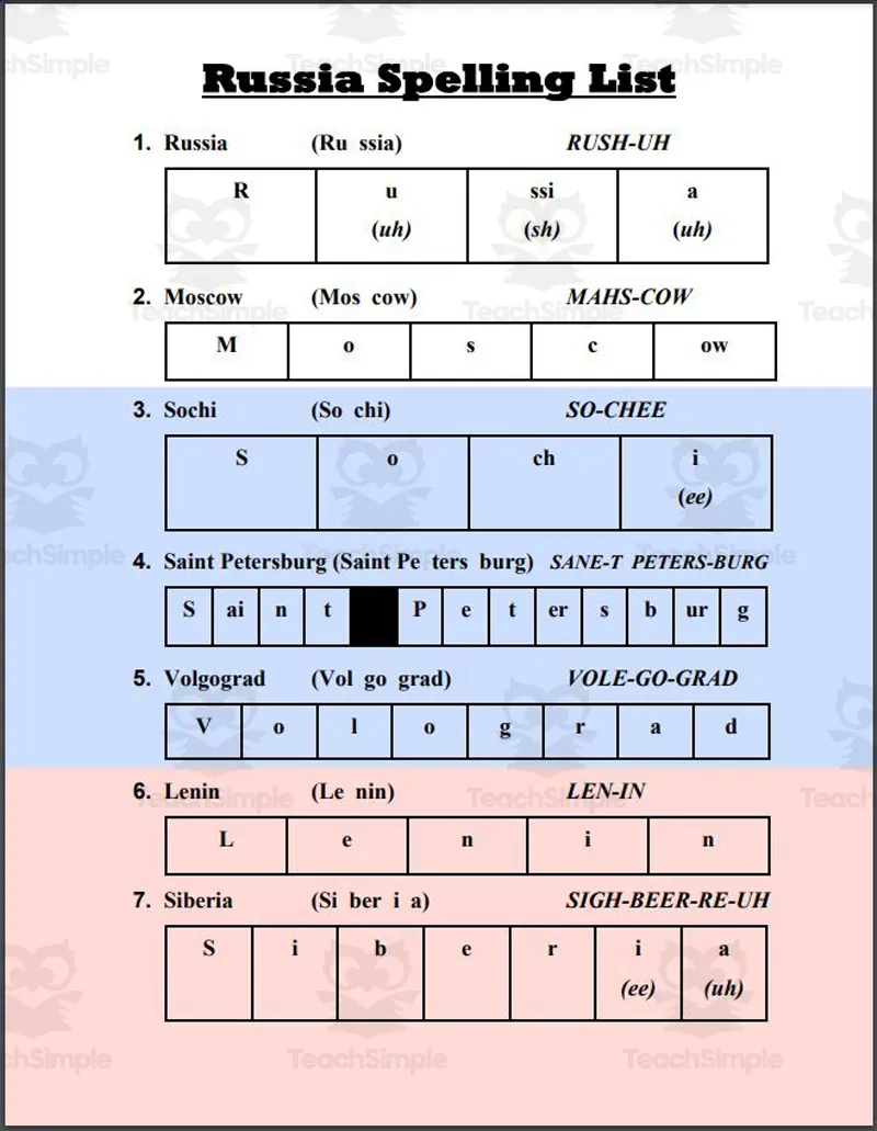 Russia Spelling List by Teach Simple