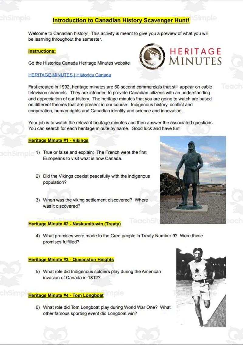 Scavanger Hunt: Heritage Minutes - Canadian History by Teach Simple