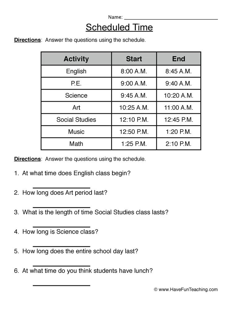 Scheduled Time Worksheet by Teach Simple