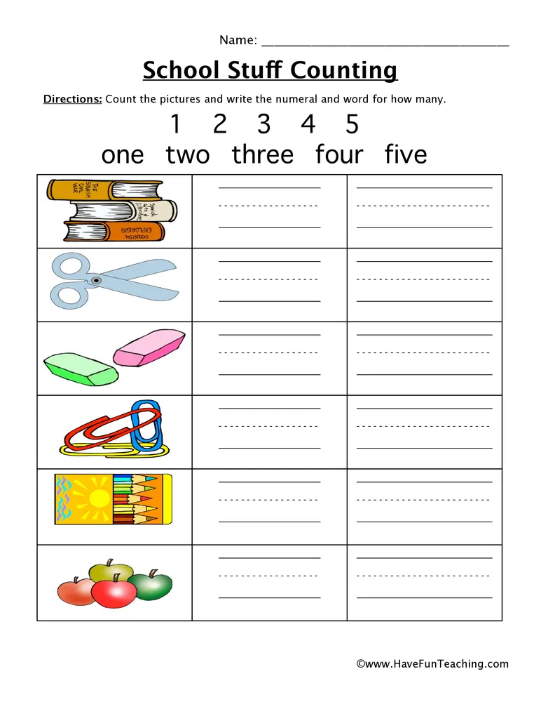 School Counting Worksheet by Teach Simple