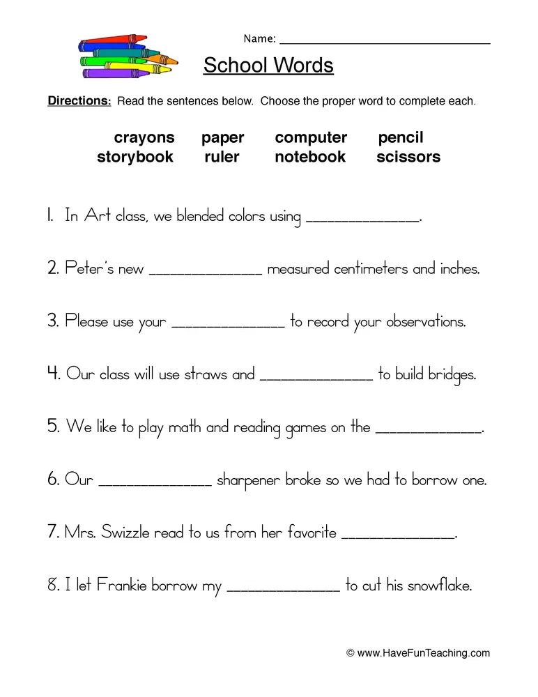 School Words Fill in the Blank Worksheet by Teach Simple