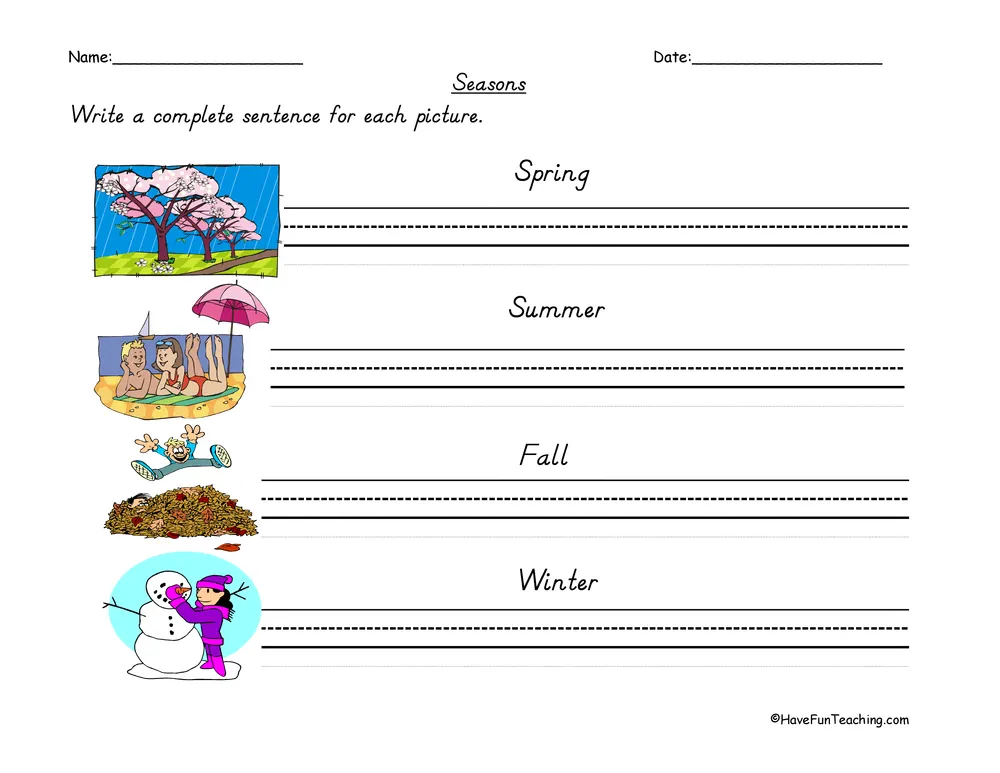 Seasons of the Year Sentences Worksheet by Teach Simple