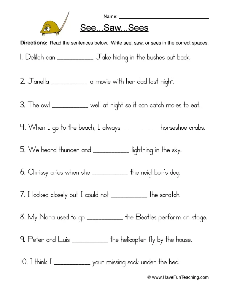 See Saw Sees Fill in Blank Worksheet by Teach Simple