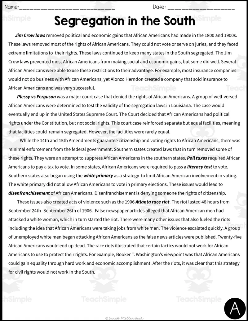 Segregation in the South Reading Packet by Teach Simple