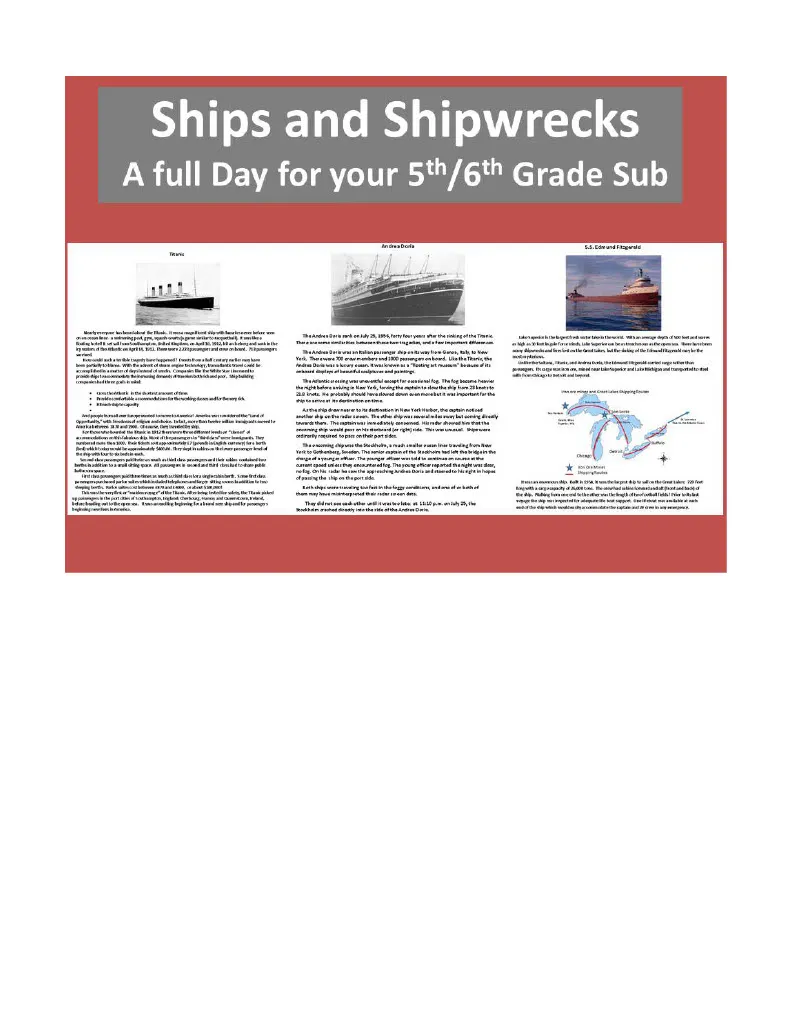 Ships and Shipwrecks: Full Day Substitute Plans by Teach Simple