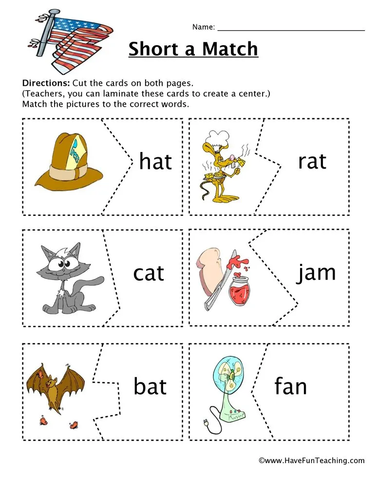Short A Matching Game Worksheet by Teach Simple