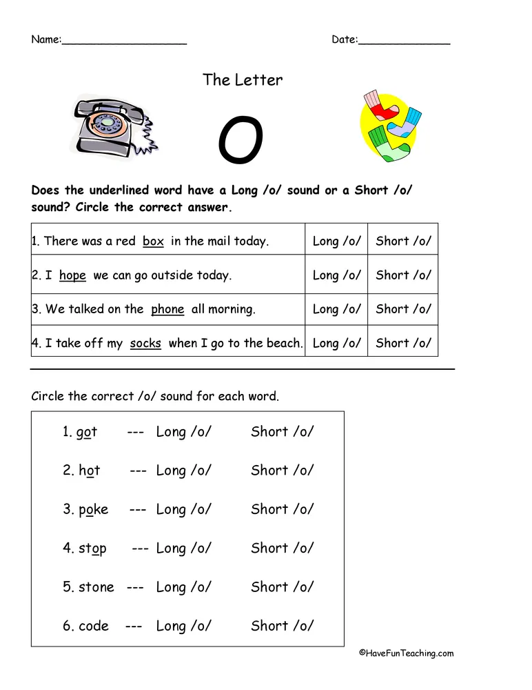 Short and Long Vowel O Worksheet by Teach Simple