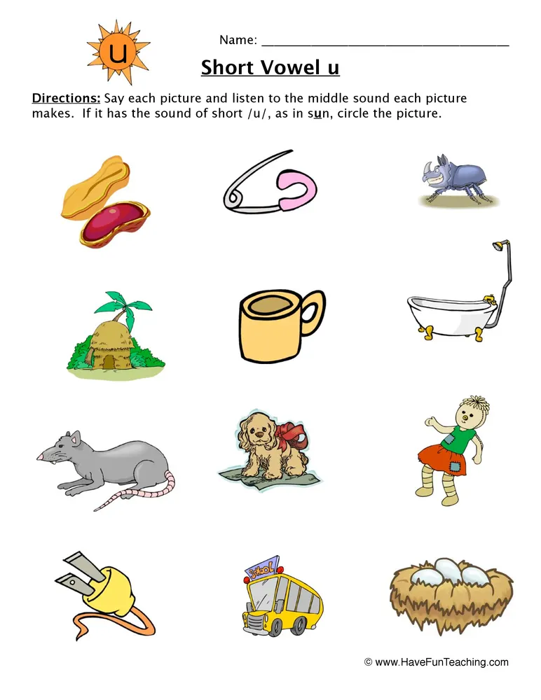 Short Vowel Sounds U Worksheet by Teach Simple