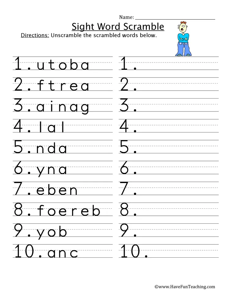 Sight Word Scramble Worksheet by Teach Simple